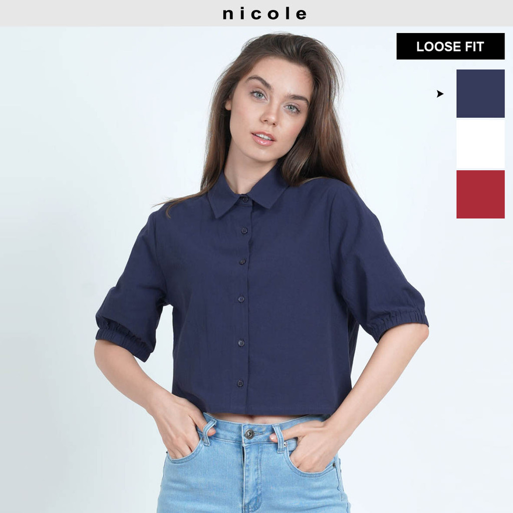 Nicole Fold Collar Front with Button Opening Short Puff Sleeve Hem with ...