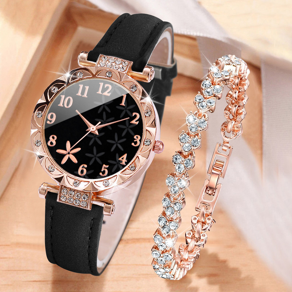 Ladies Fashion Flower Shape Quartz Watch Belt Wrist Watch+Diamond ...
