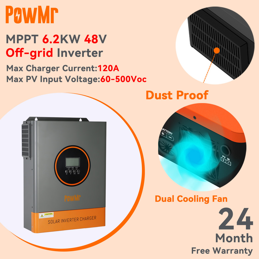 PowMr 6.2KW 48V Hybrid Dust Protection Kit Inverter 60-500Vdc Pv Input ...