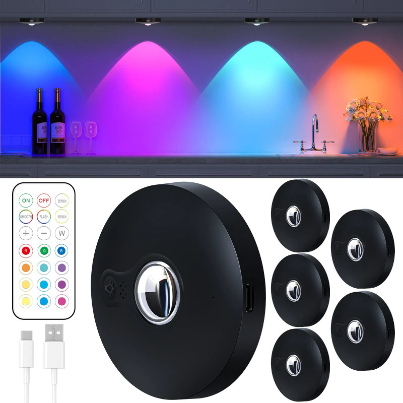 Rechargeable RGB Puck Lights with Remote Control, 1200mAh Battery Operated Tap lamp, Dimmable ...