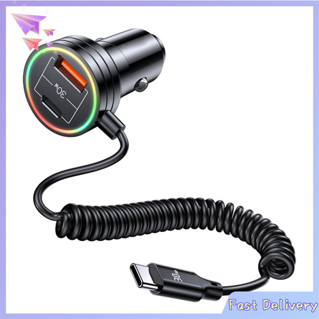 1 Day Shipping！ 60W Car Charger USB C, QC3.0 Fast Charging PD30W Type C Coiled Cable, 3-Port USB ...
