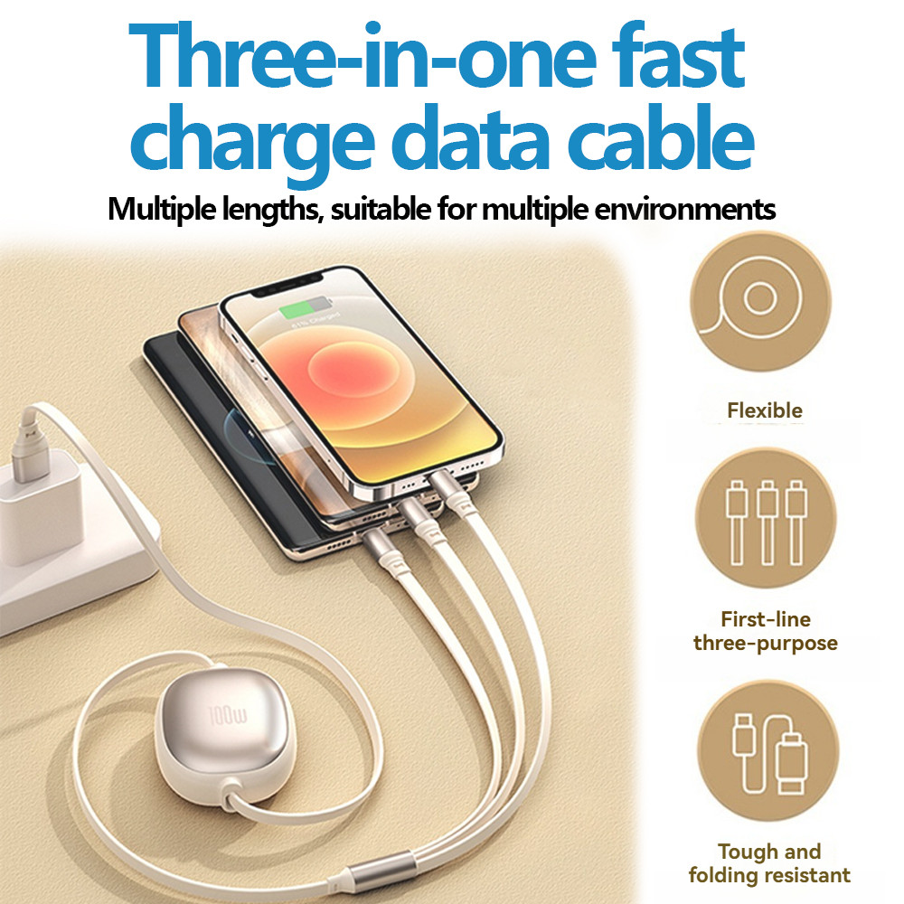 Gyroscope Rotation Telescopic USB to Type C Data Cable 100W 3 in 1 Fast ...