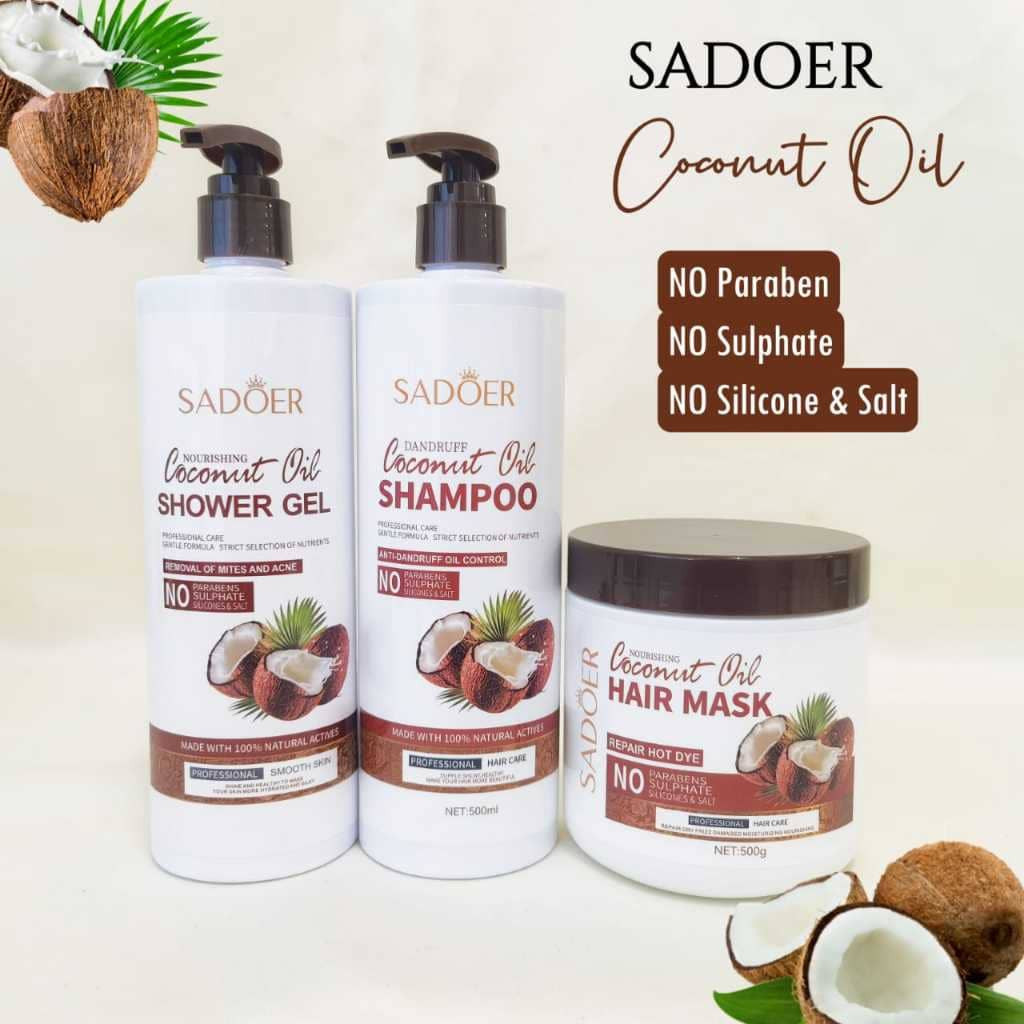 SADOER 3in1 Set Coconut Oil Shampoo, Shower Gel & Hair Mask | 500ml X 3 | Nourishing ...