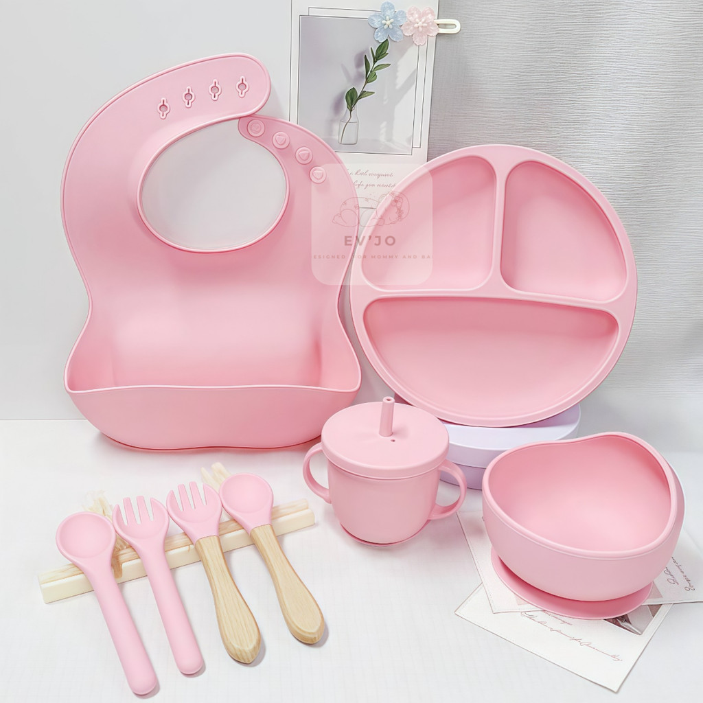 Baby Feeding Set 9 pcs Silicone Dinning Set with Bib Bowl Suction Plate ...