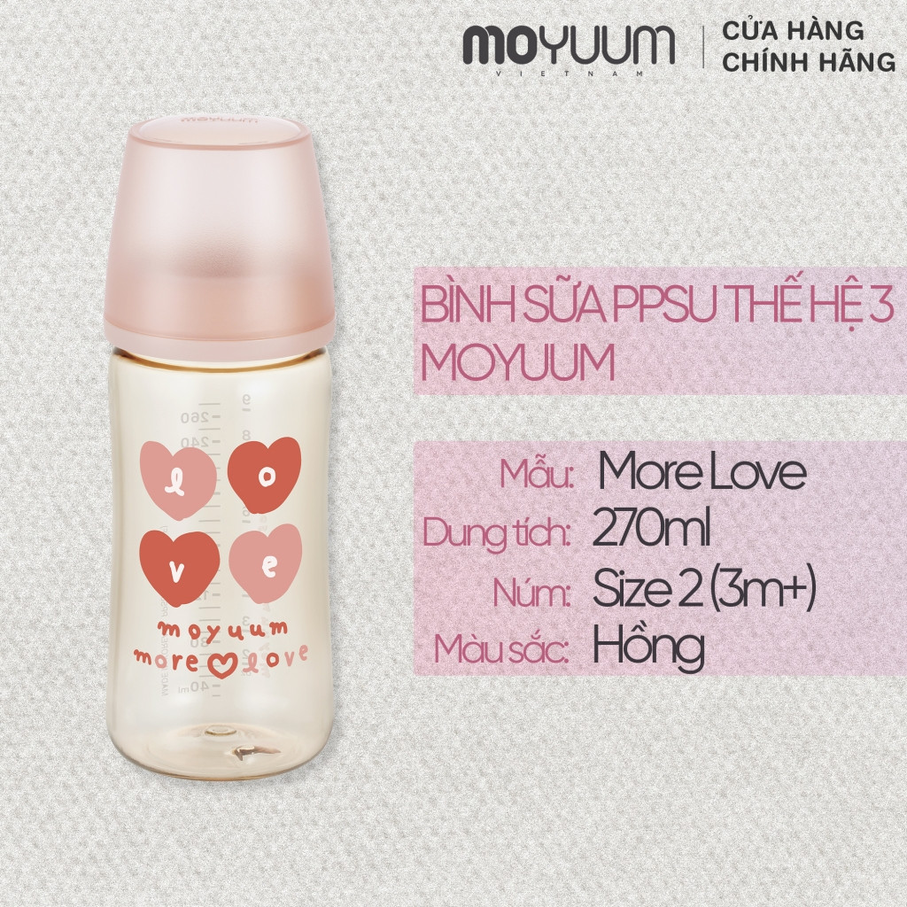 3rd generation - PPSU Moyuum milk bottle - Heart model - 270ml - Includes nipple 2 (3m ...