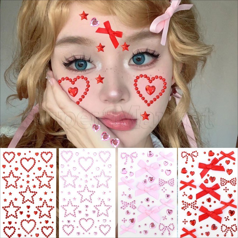 [ Featured ] Colorful Bowknot Face Stickers - Love Rhinestone Paster - Costume Party Patch ...