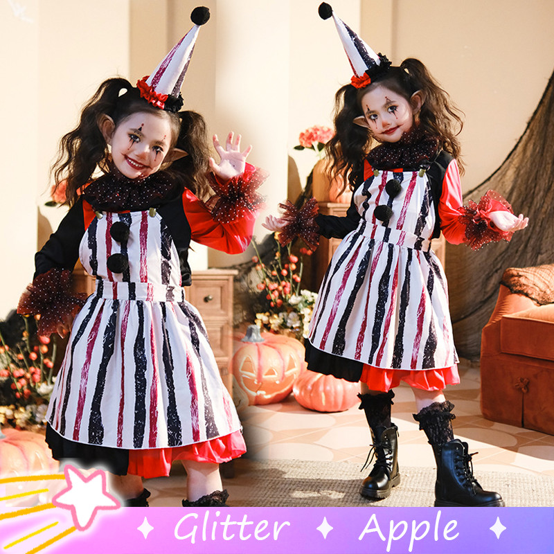 Harley Quinn Joker Circus Clown Cosplay Costume For Kids Girl Stripe ...