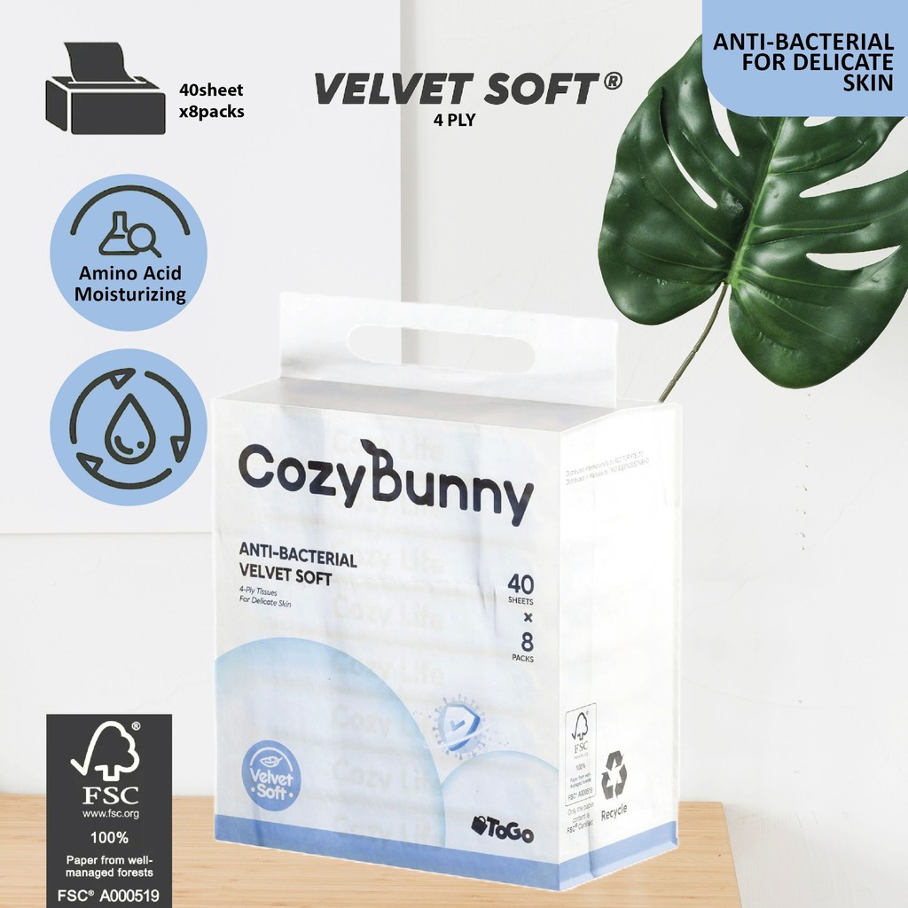 CozyBunny Velvet Soft Antibacterial Face Tissues (To-Go) 8 Packs x 40 ...