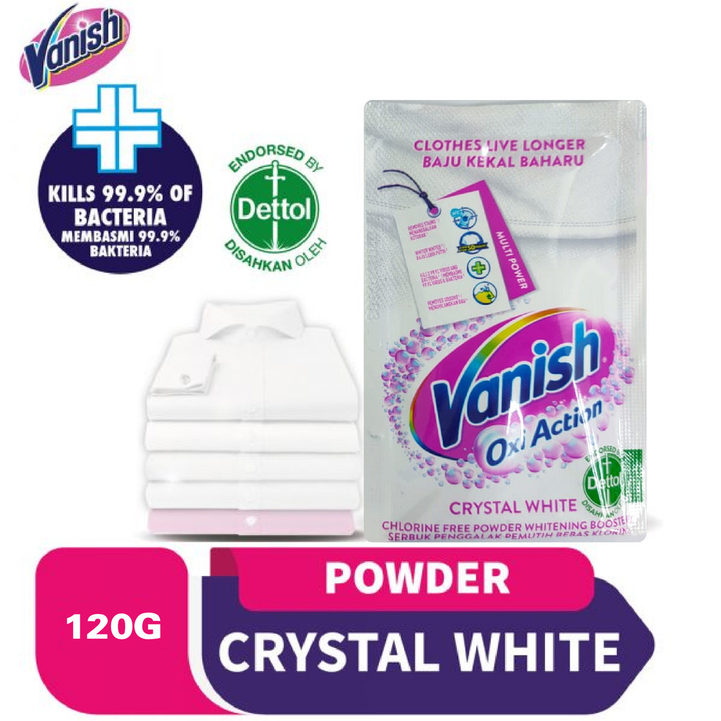 Vanish Crystal White Fabric Stain Remover Powder Oxi Action Sachet 120g ...