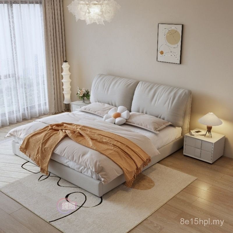 Tempat tidur gaya krim Nordik moden dan sederhana katil kain teknologi ...