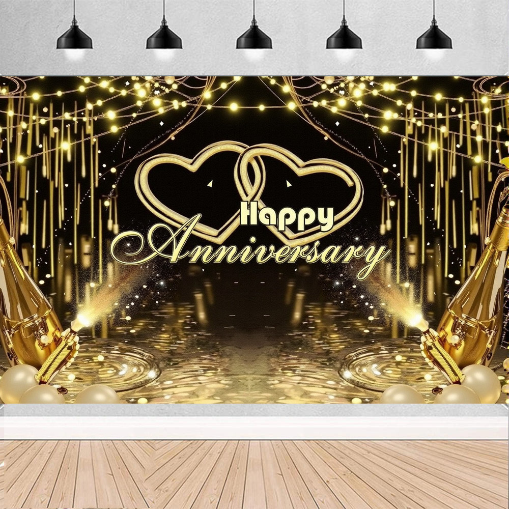 Black and Gold Happy Anniversary Backdrop Wedding Anniversary ...