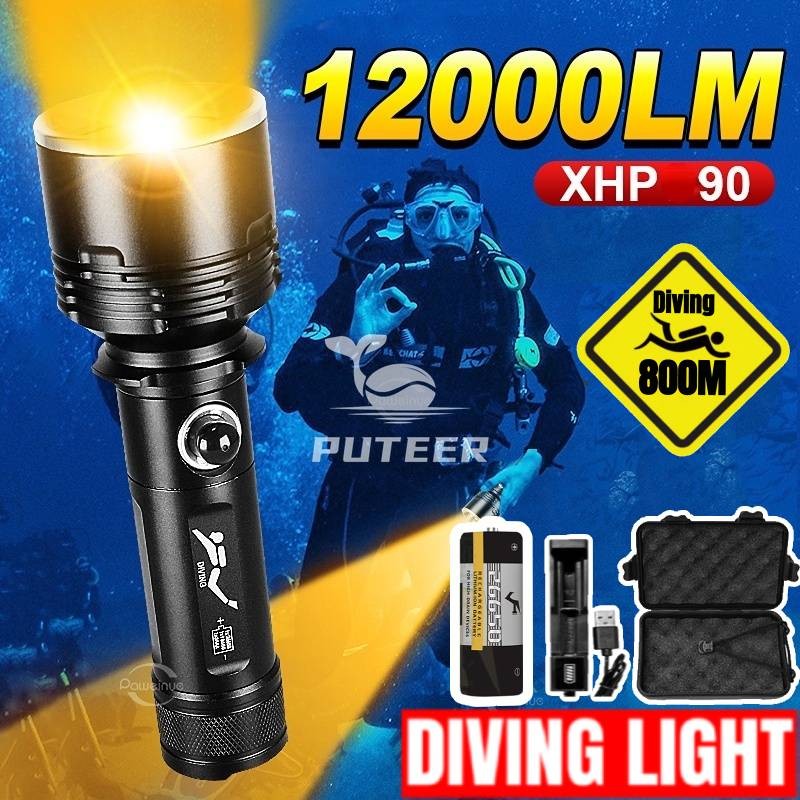 Puteer 12000lm Diving Torch Light waterproof Yellow Light Diving ...