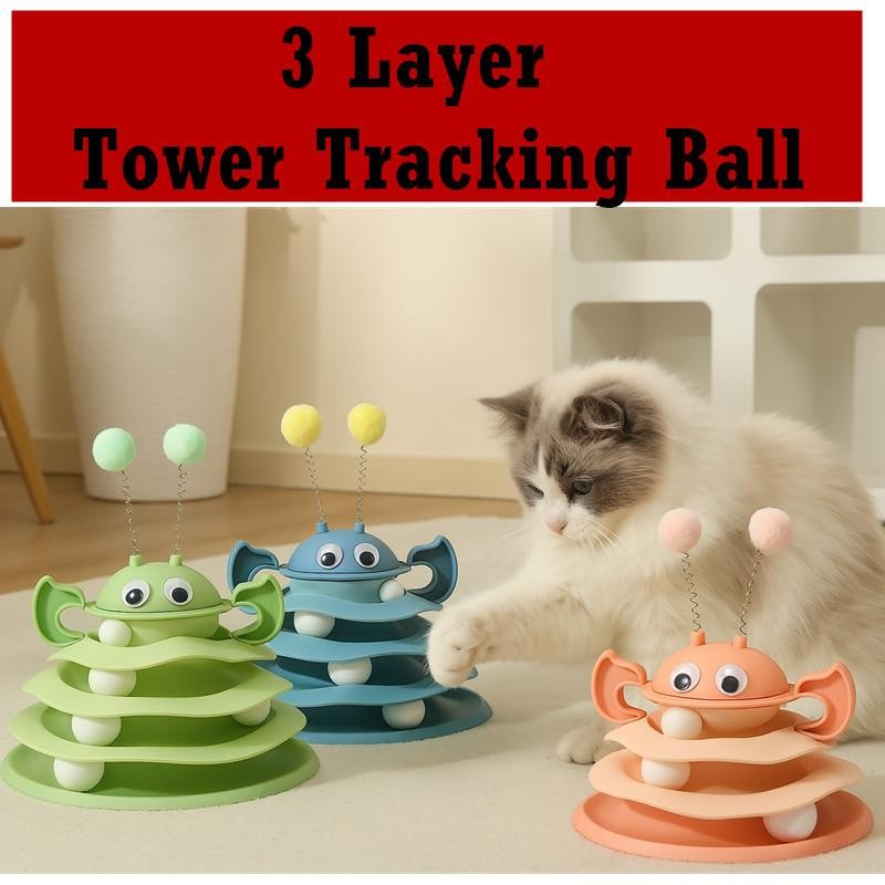Interactive Cat Toy–3 Layer Track Ball Tower Wobble Pom-Pom Pet Toy ...