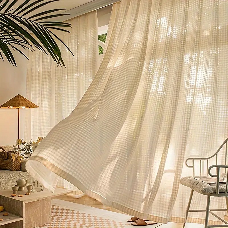 Farmhouse Deisgn Beige Buffalo Checker Pattern Sheer Curtain Geometric ...