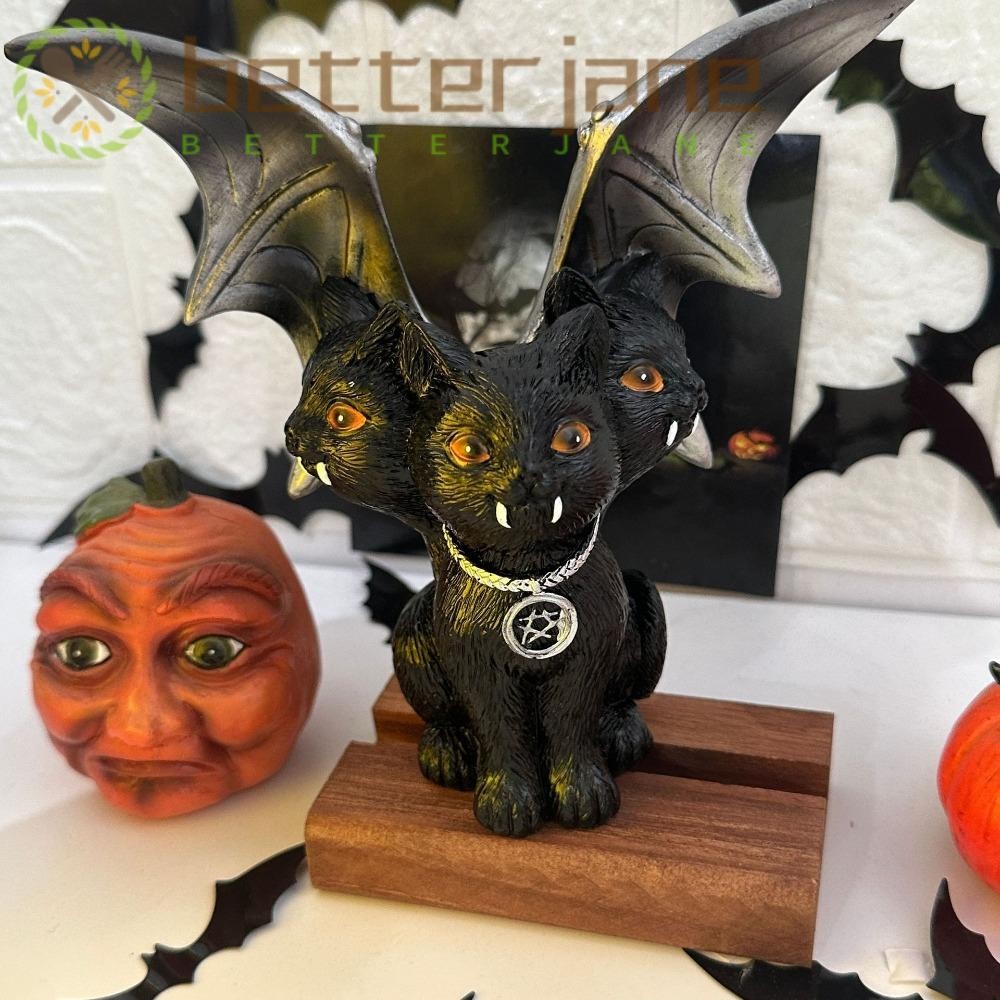 BETTER-JANE Three Headed Black Cat Figurine, Bat Wings Resin Wing Three ...