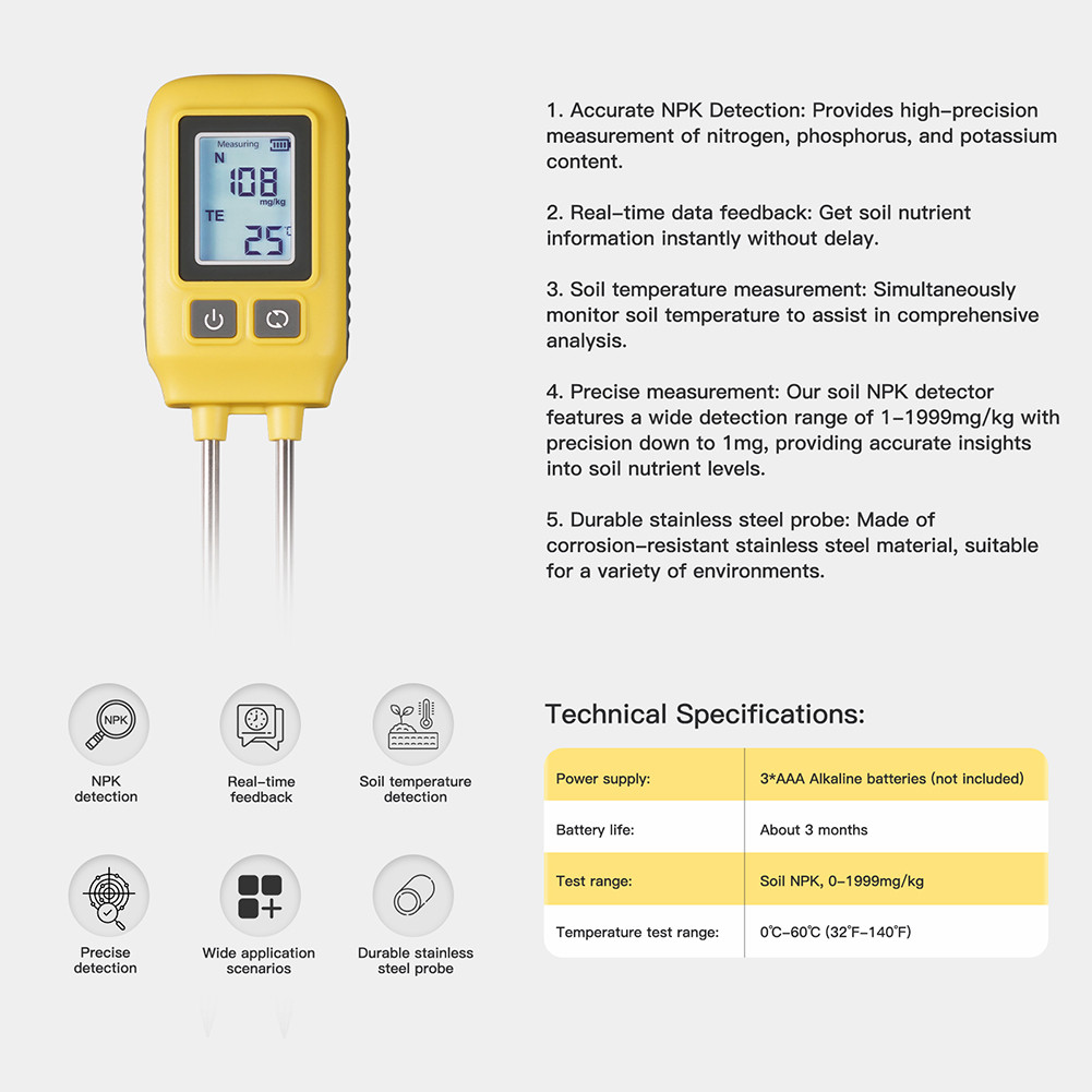Soil NPK Temperature Tester High Accuracy Soil Sensor Dual Needle Soil ...