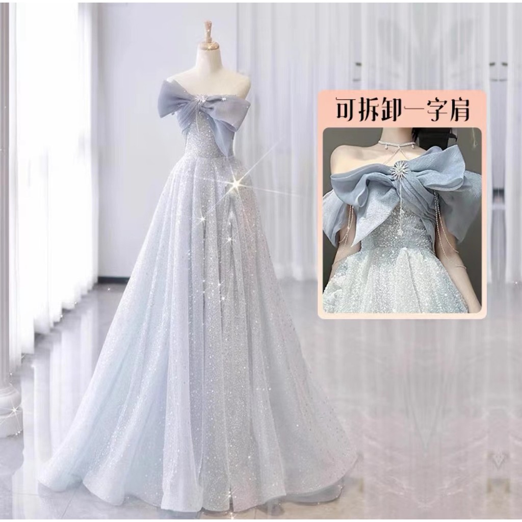 Hawlife Korean Blue Elegant Puff Sleeve Evening Prom Ball JS Debut ...