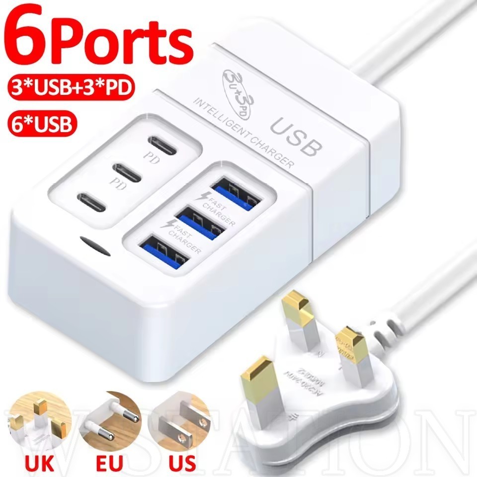 6 Ports PD USB Travel Charger - 35W Quick Charging Wall Hub - UK/EU/US Extension Cord Electrical ...