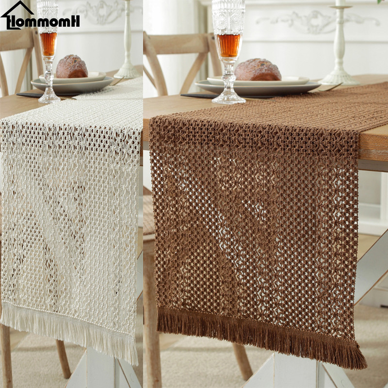 American Table Runner Cotton Linen Hollow Woven Tassel Simple Style ...