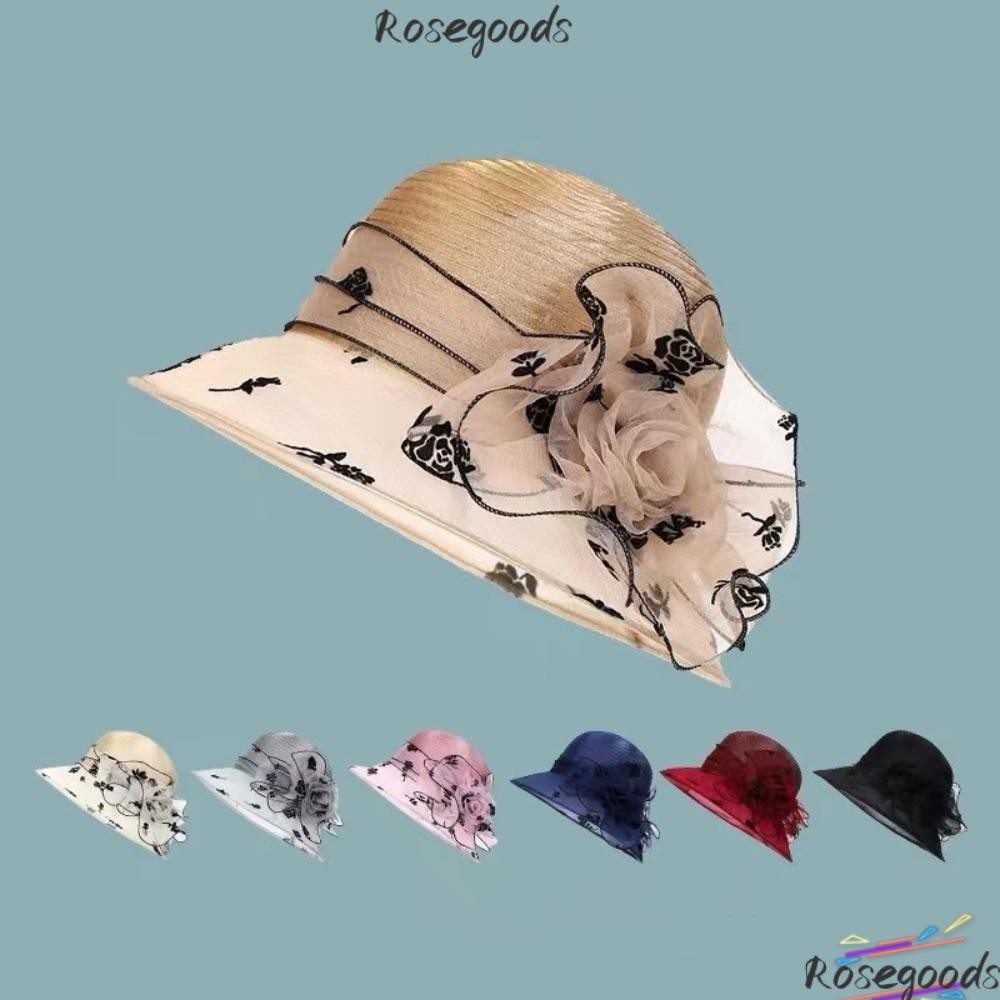 ROSEGOODS Flower Bow Lady Hat, Retro Wide Brim Sunscreen Hats, Casual ...