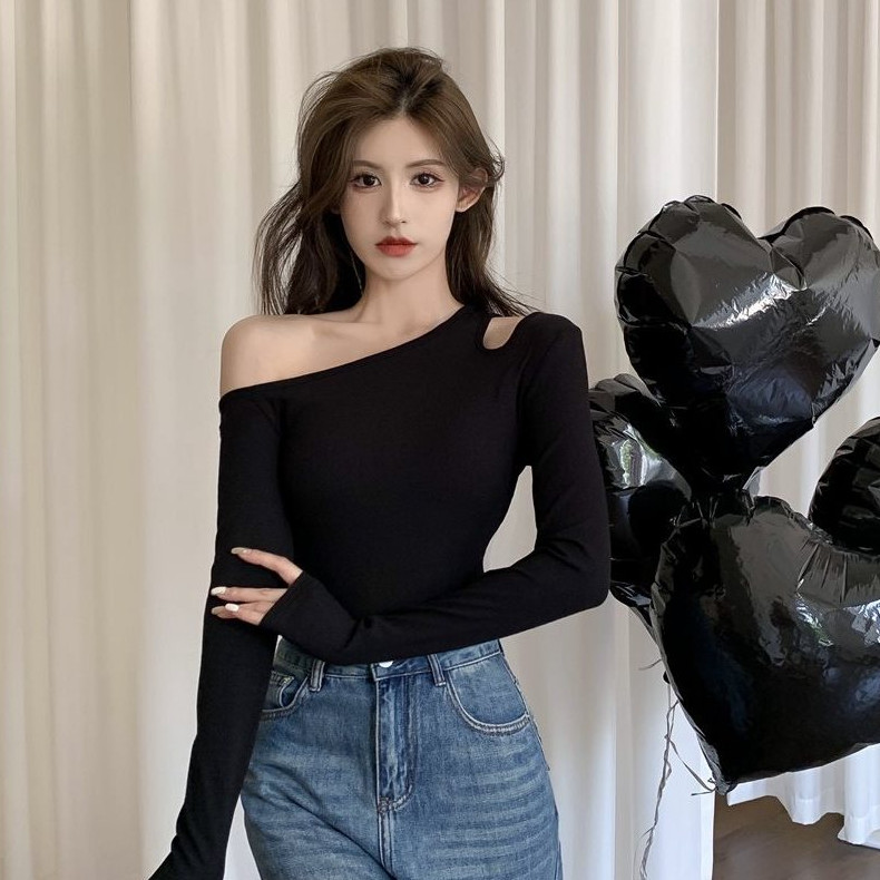 Fashion Skew Collar Off-shoulder Long Sleeve T-shirt Women's Slim Fit ...