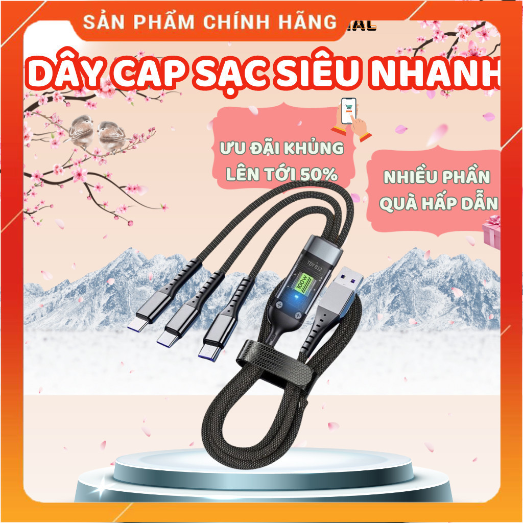 [3 Heads] 100WMicro USB Type C 3-in-1 super fast charging cable data ...