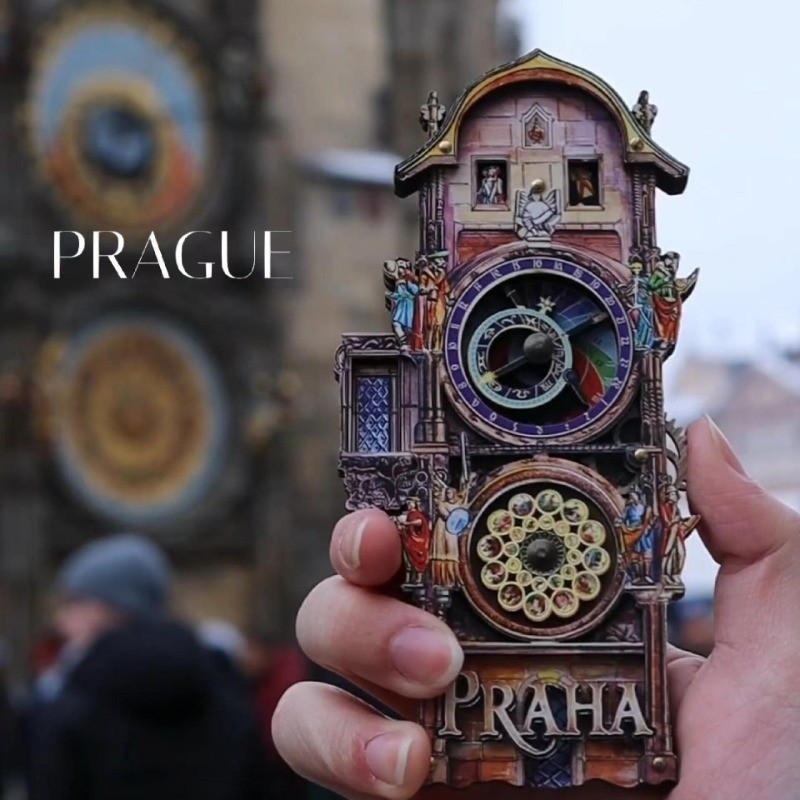"Wooden Prague Astronomical Clock Fridge Magnet with 3 Rotating Layers ...