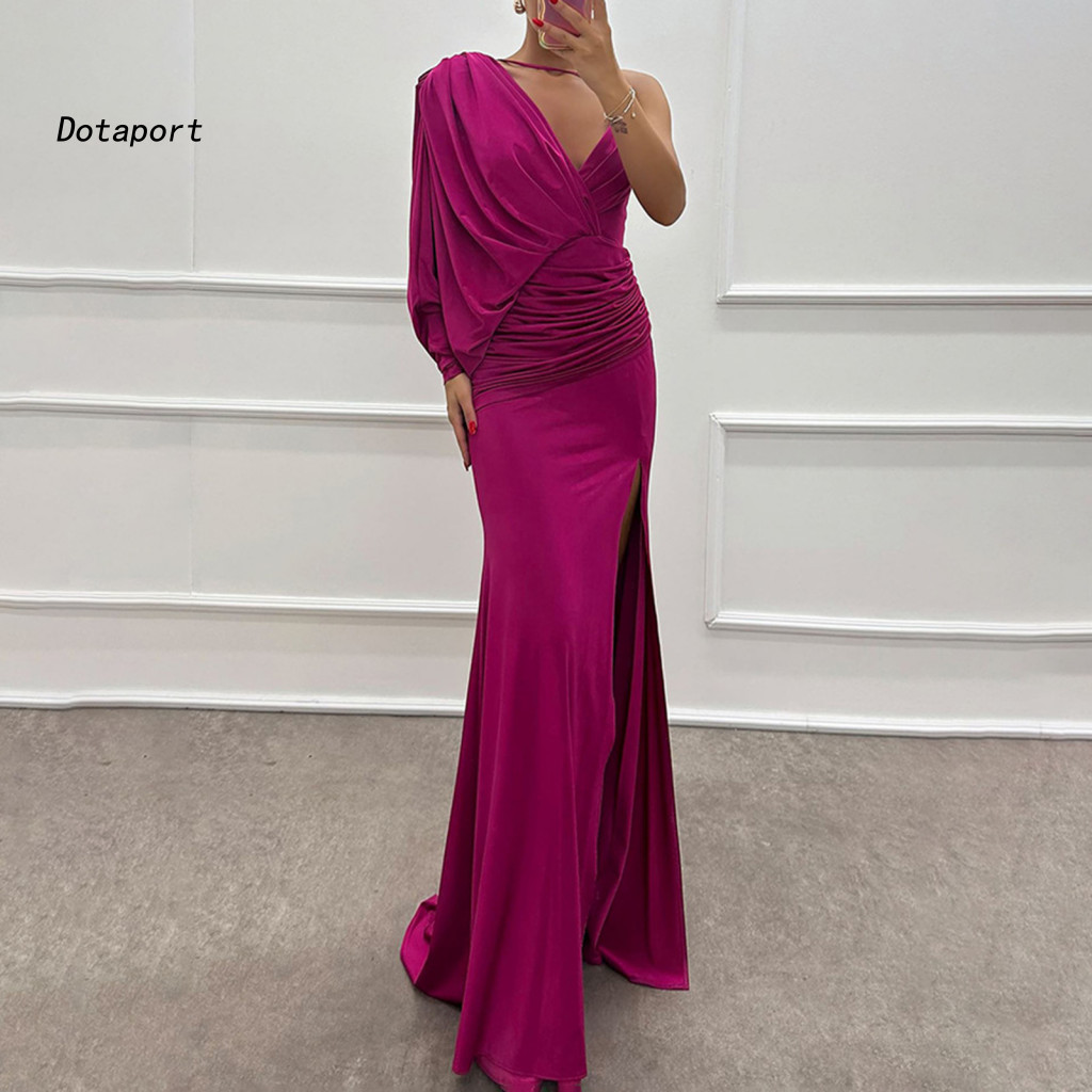 Pleated Waist Dress Women Long Dress Elegant One Shoulder Maxi Dress ...