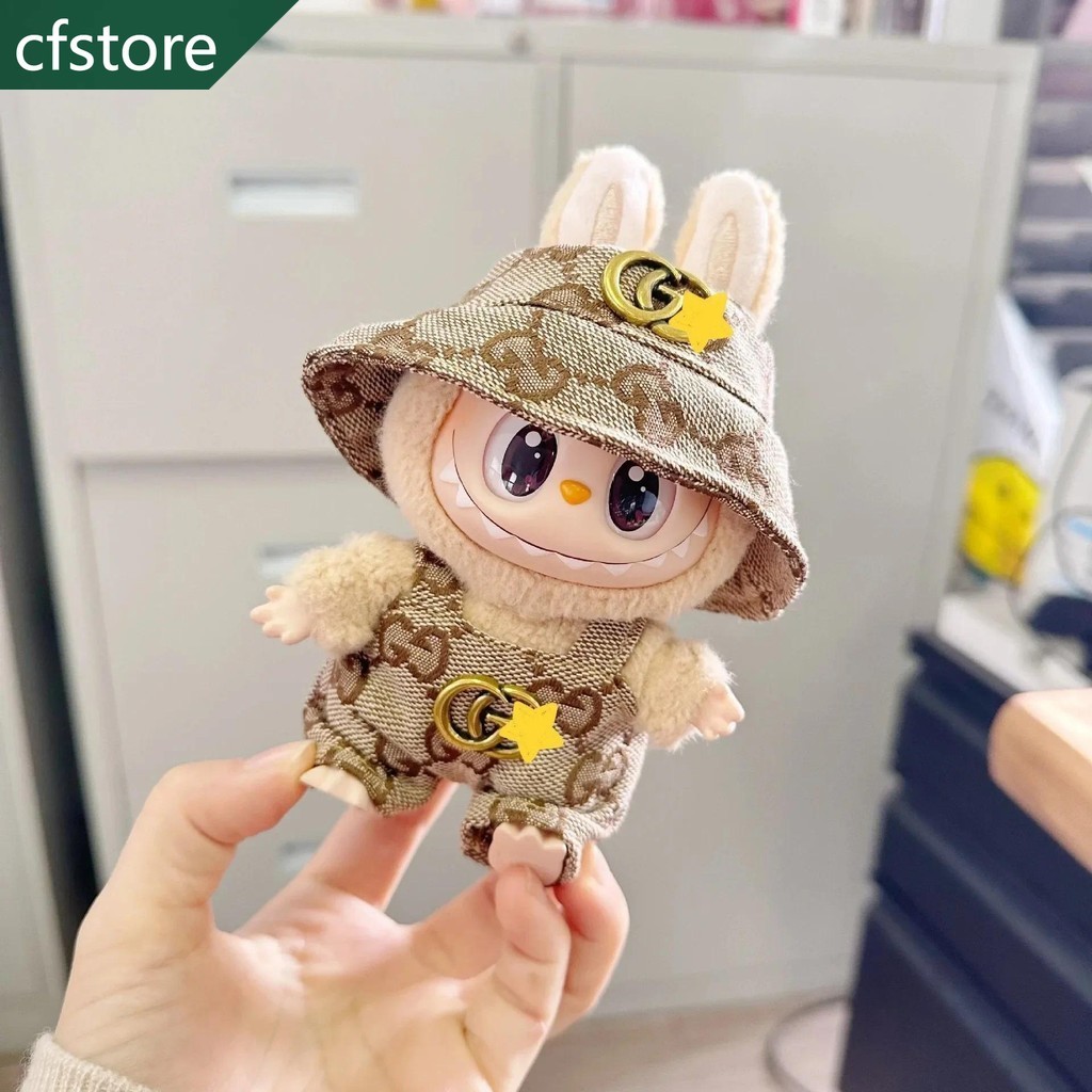 For 15cm Labubu Stylish Outfit Clothes Grid Retro Shoulder Strap Hat ...