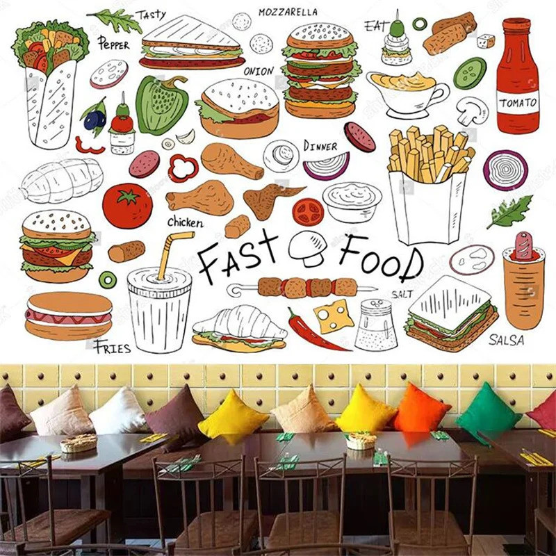 Custom wallpaper mural Delicious Fast Food Pattern White Background ...