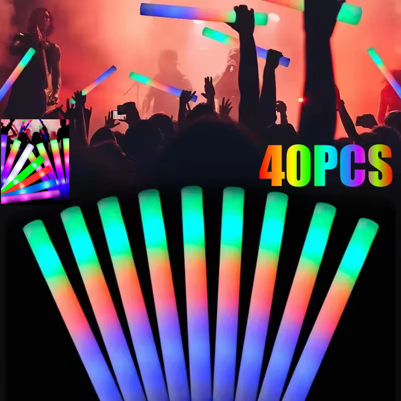 40Pcs LED Foam Glow Sticks Cheer Tube Wedding Baton Wands 3 Modes ...