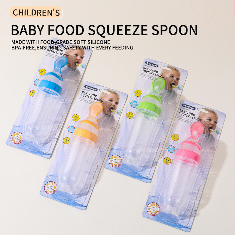 Baby food squeeze spoon fruit rice paste bottle kids infant silicone ...