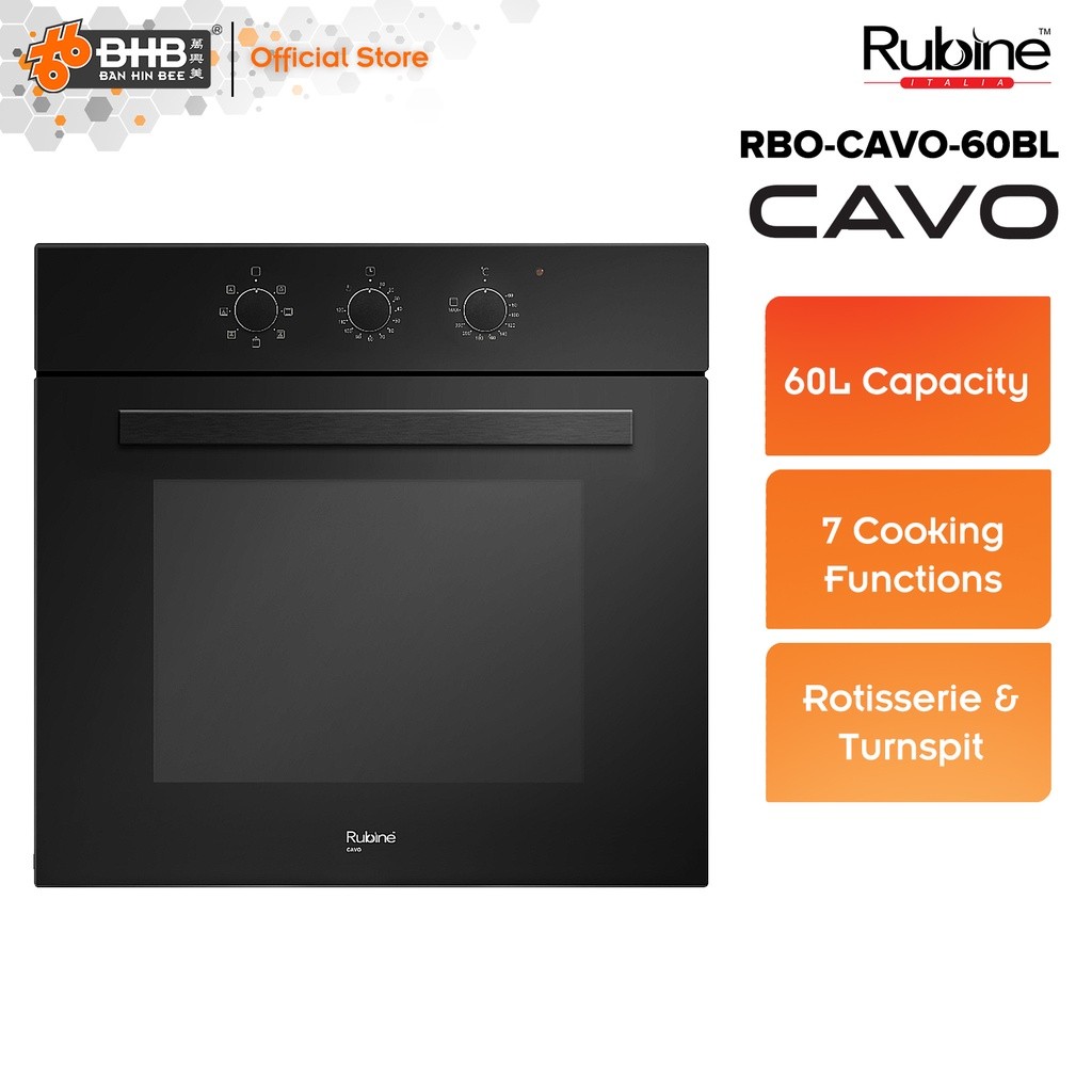 Rubine CAVO 60L Built in Oven with 7 Cooking Function & Rotisserie Turnspit RBOCAVO60BL / RBO ...