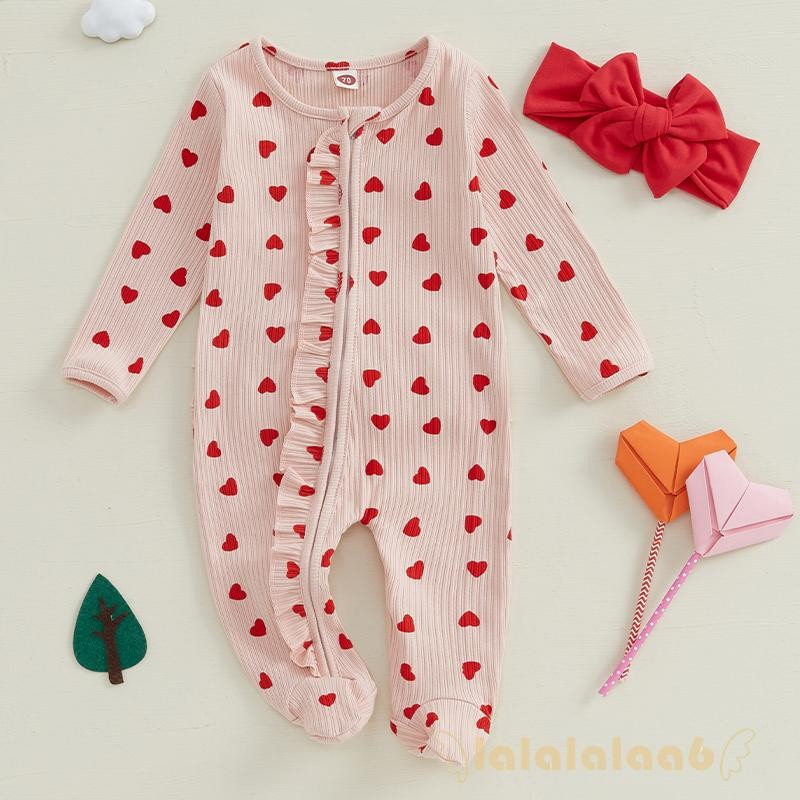 LALAA6-Baby Girl Valentine’s Day Long Sleeve Heart Print Footie Jumpsuit with Headband Set ...