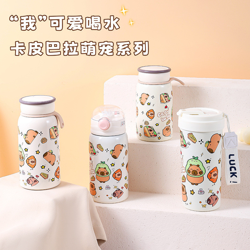 Botol Air Kartun Comel Pelajar Kapibara dengan Jerami 316 Cawan Tertebat Keluli Tahan Karat ...