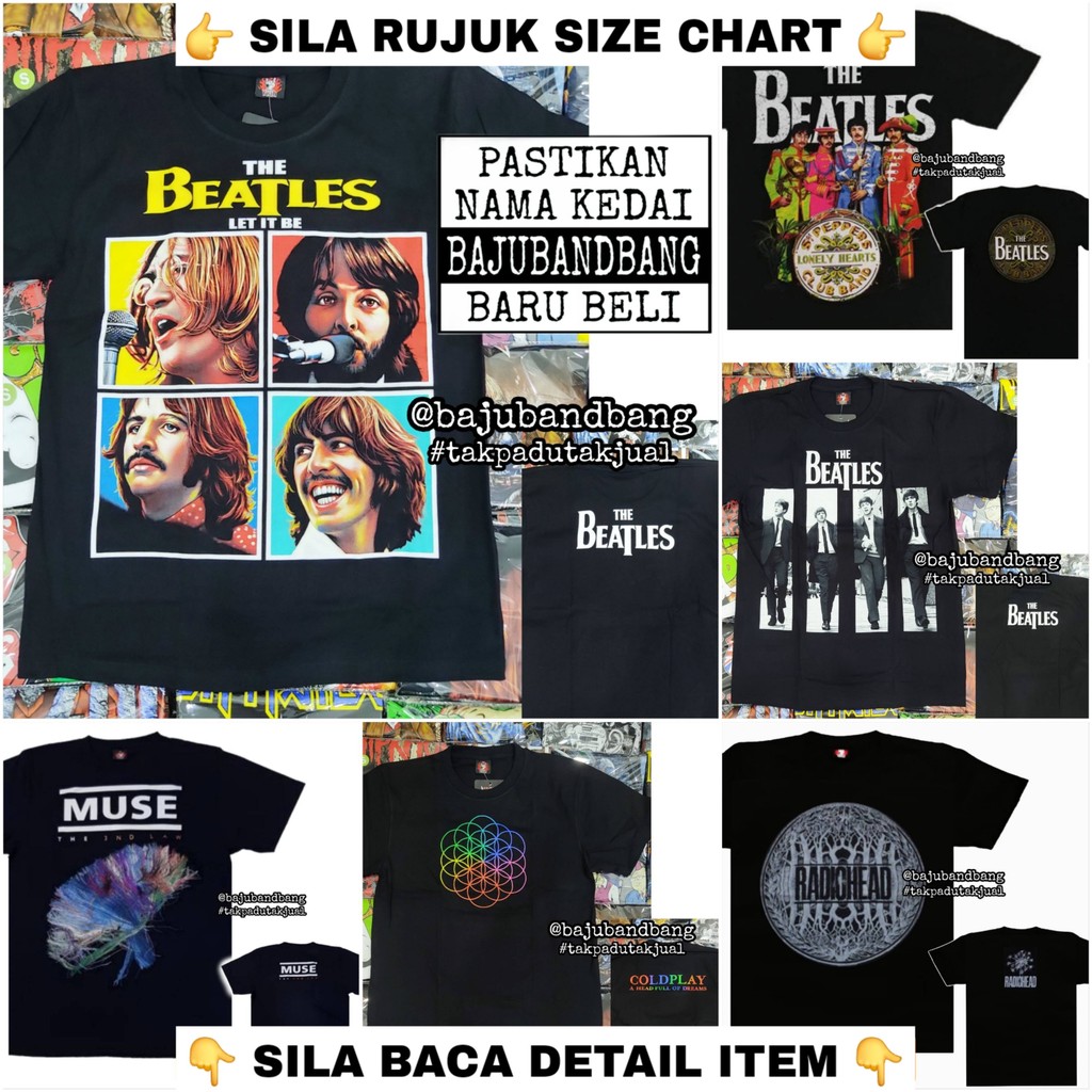 (Pit 18-26) Baju The Beatles Radiohead Coldplay Muse Band Tshirt ROCK ...