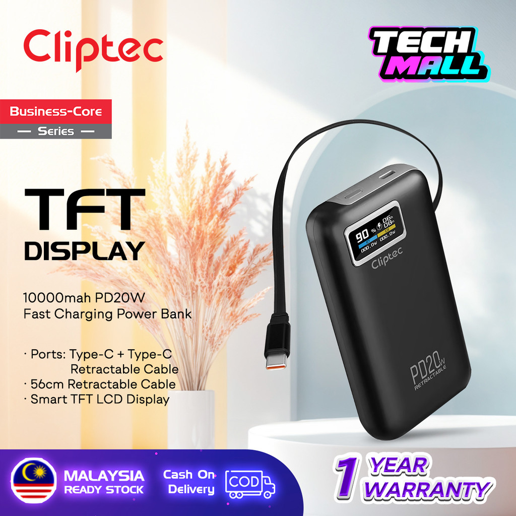 Cliptec MPB240 10000mah PD20W Fast Charging TFT Display Power Bank With Retractable Type-C ...