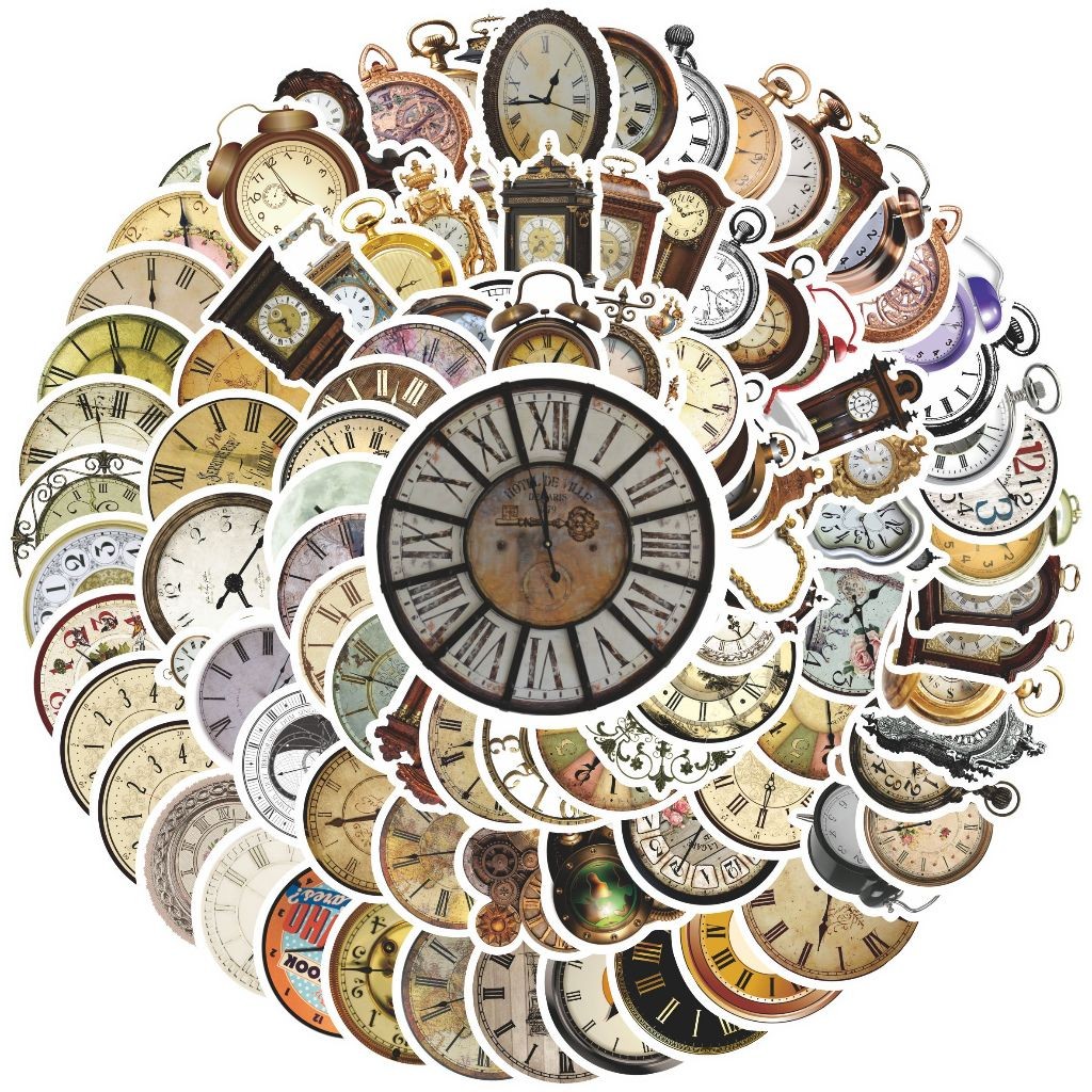 50 Pcs Waterproof Cool Classic Vintage Clock Motif Pack Stickers for ...
