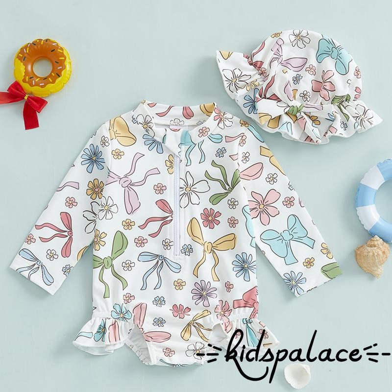 BbQ-Toddler Girls Rash Guard Swimsuit Rompers Long Sleeve Floral Print Baby Ruffles Bathing Suit ...