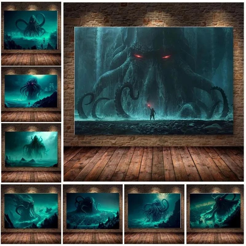 Poster makhluk menakutkan Cthulhu Mythos, lukisan canvas makhluk tak ...
