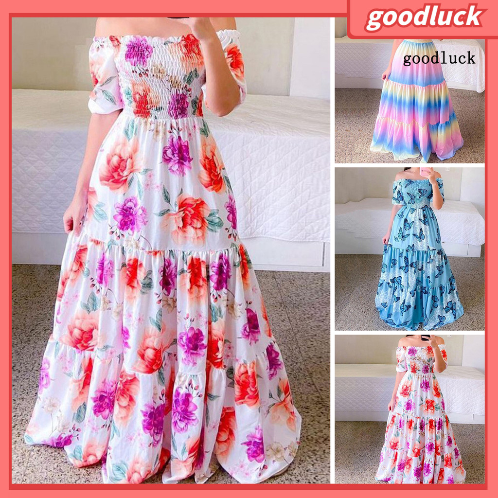 [GD] Prom Dress Tight Waist Flower Print Rainbow Color Butterflies ...