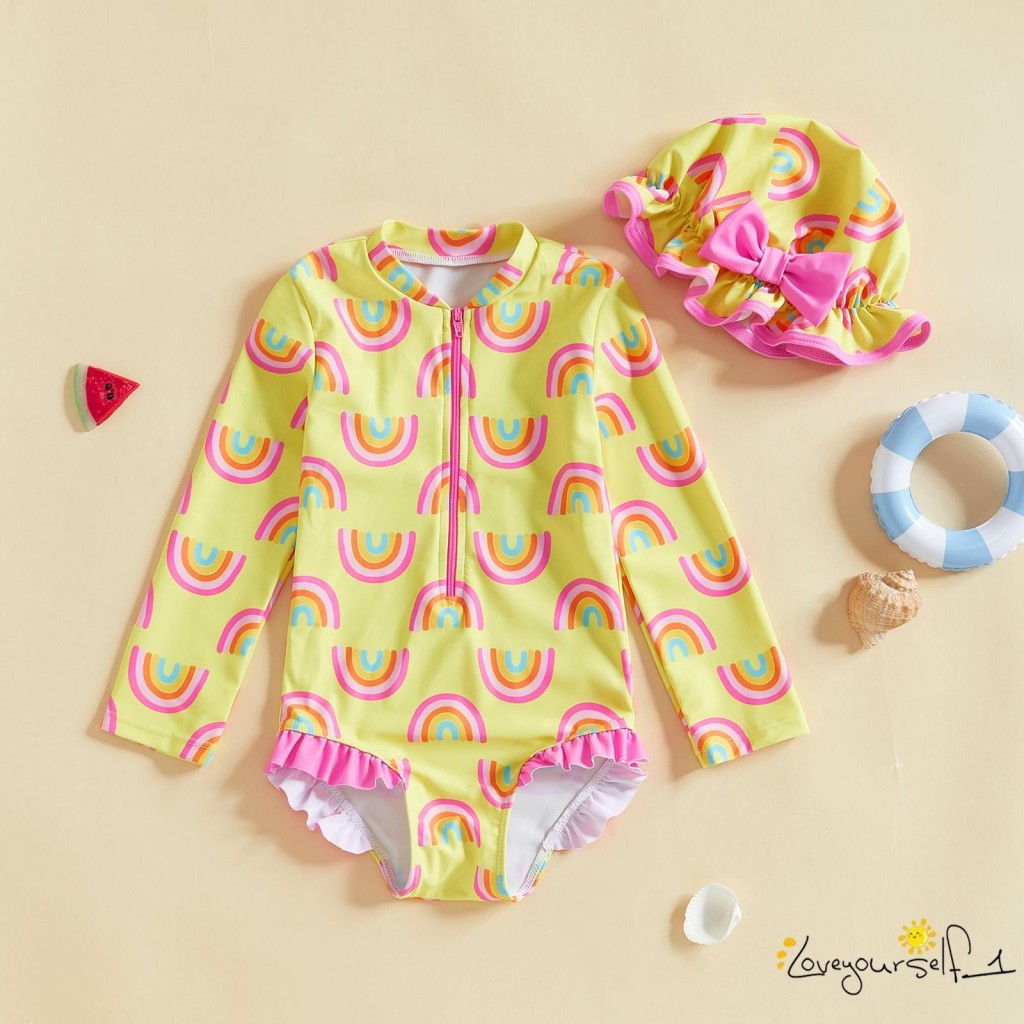 B935G-Kids Girls Rash Guard Swimsuit Rompers Long Sleeve Rainbow Print ...