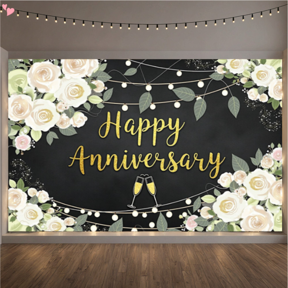 Happy Anniversary Backdrop White Floral Love Cheers to Wedding ...