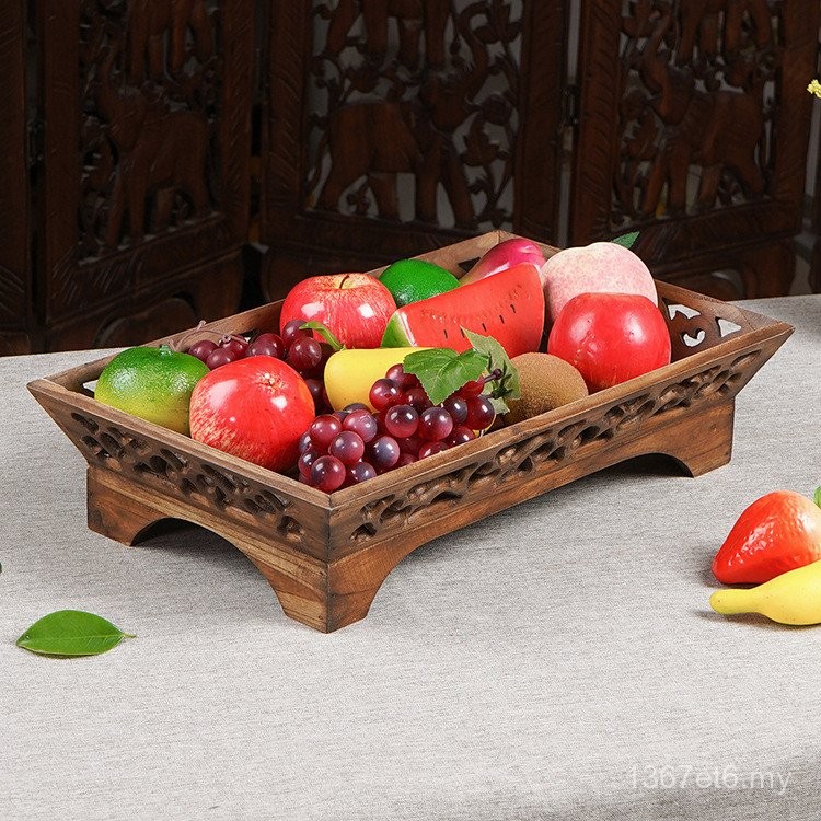 Pinggan buah kayu pepejal Thailand, kayu segi empat tepat, retro yang ...