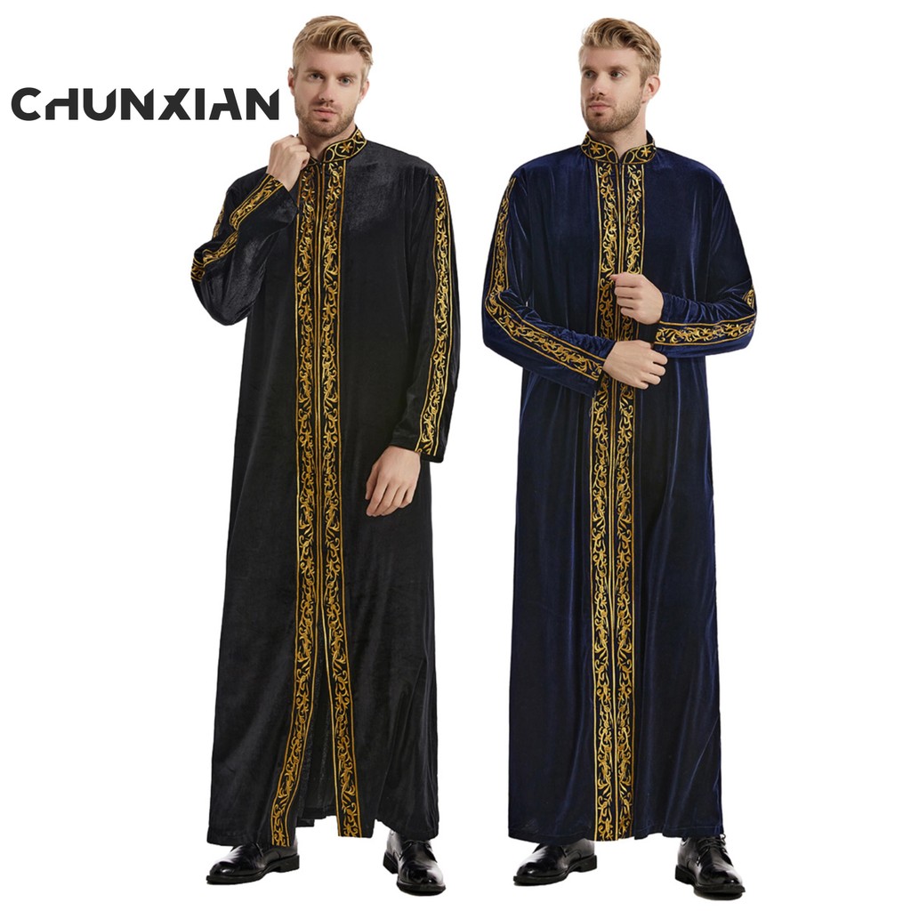 Men's Muslim Stand Collar Embroidery Ramadan Thobe with Long Sleeves ...