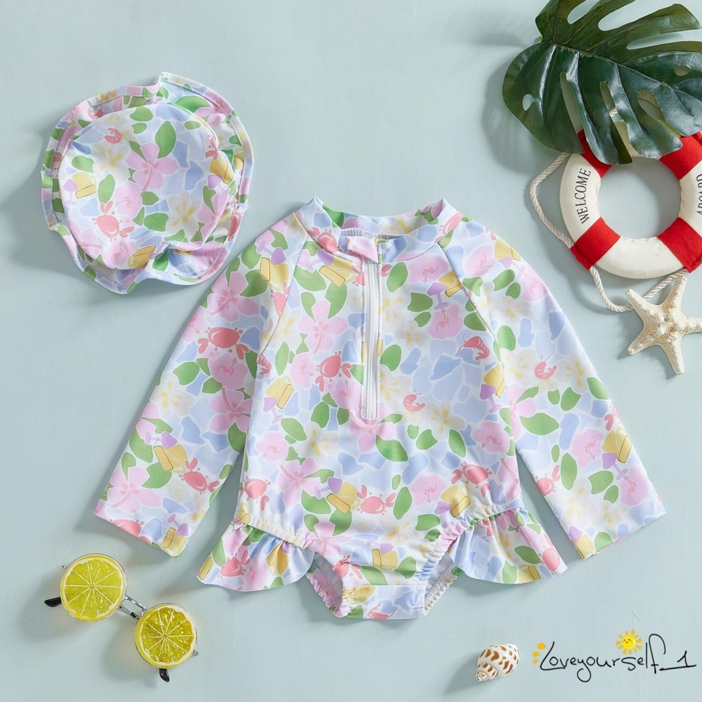 B935G-Toddler Girls Rash Guard Swimsuit Rompers Long Sleeve Tree/Bow/Swan/Floral Print Baby ...