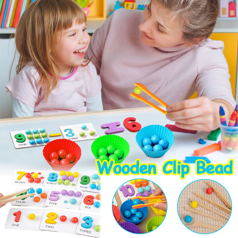 Wooden Clip Beads Matching Toy Kid Color Number Recognition Sorting ...