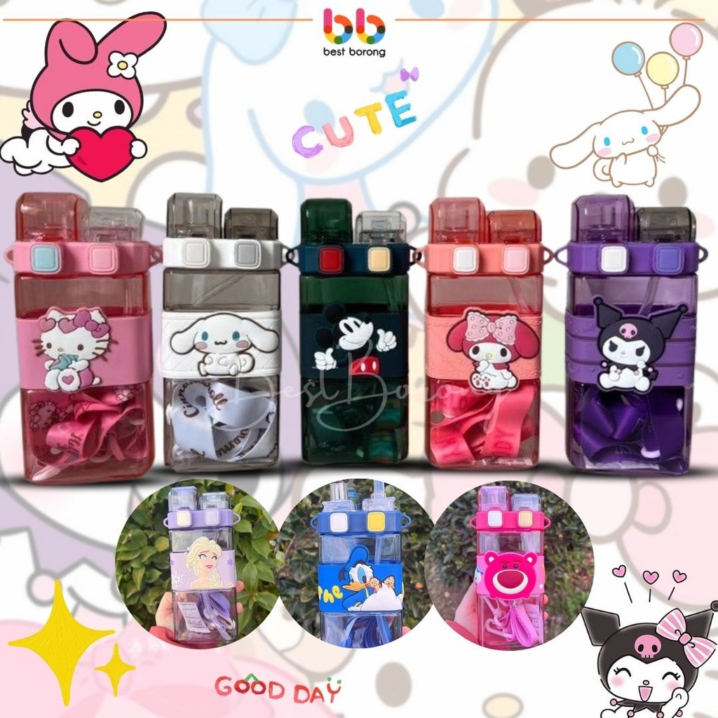 520ml Sanrio Kuromi Botol Air dengan Tali & Penyedut Plastik PC Bebas BPA untuk Budak Kanak ...