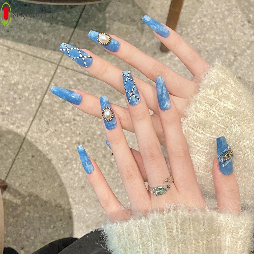 Handmade Cowboy Style Blue Fake Nails with Natural and Smooth Edge ...