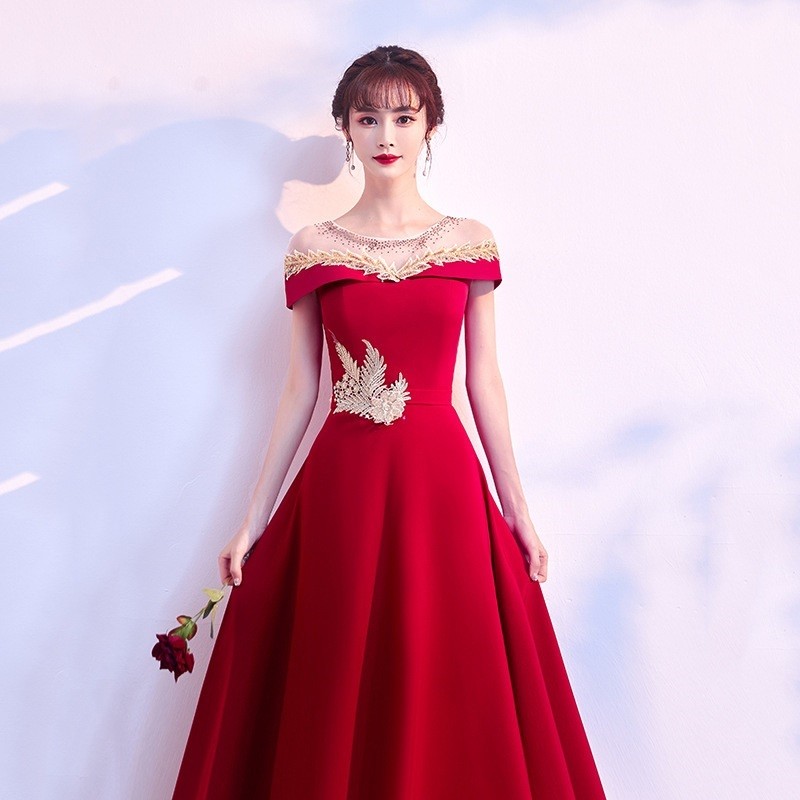 Red Wedding Toast Dress for Bride Elegant Off-shoulder Modern Wedding ...